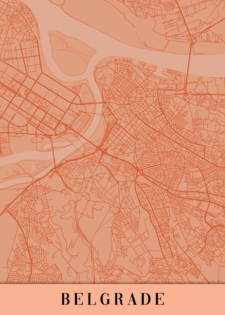 'Belgrade Orange Map' Poster, picture, metal print, paint by dkDesign ...