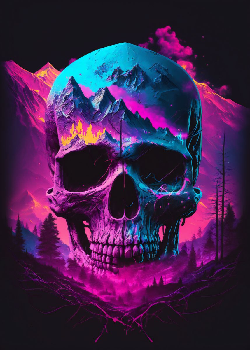 'Synthwave Skull' Poster, picture, metal print, paint by pommesmitmajo ...