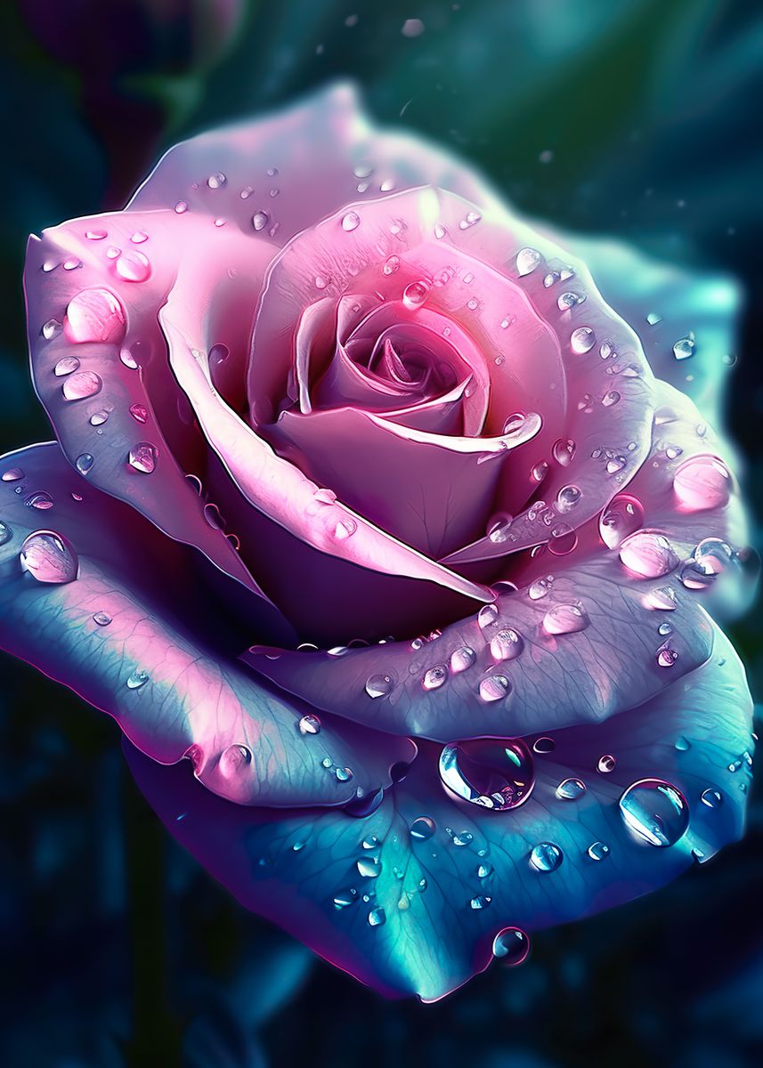 'blue and pink rose in rain' Poster, picture, metal print, paint by ...