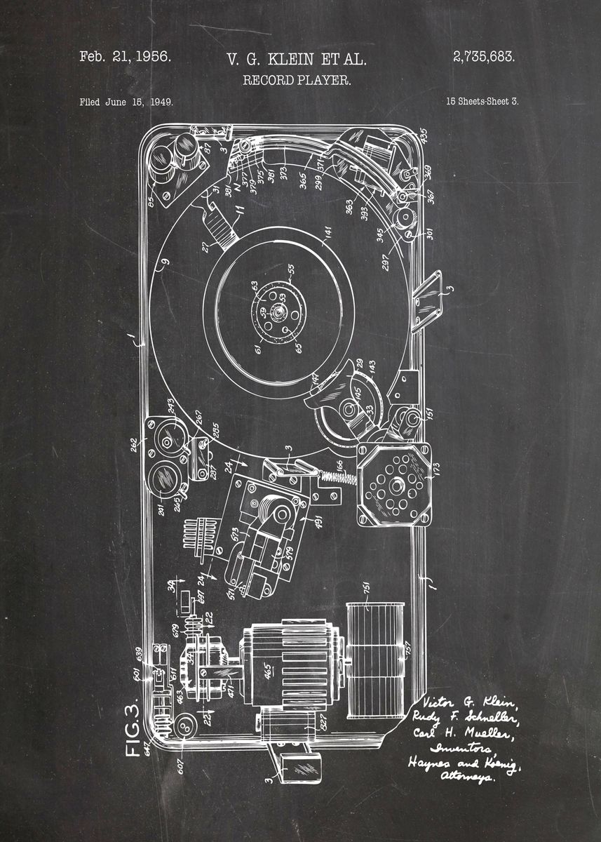 'record player patent 1956' Poster, picture, metal print, paint by ...