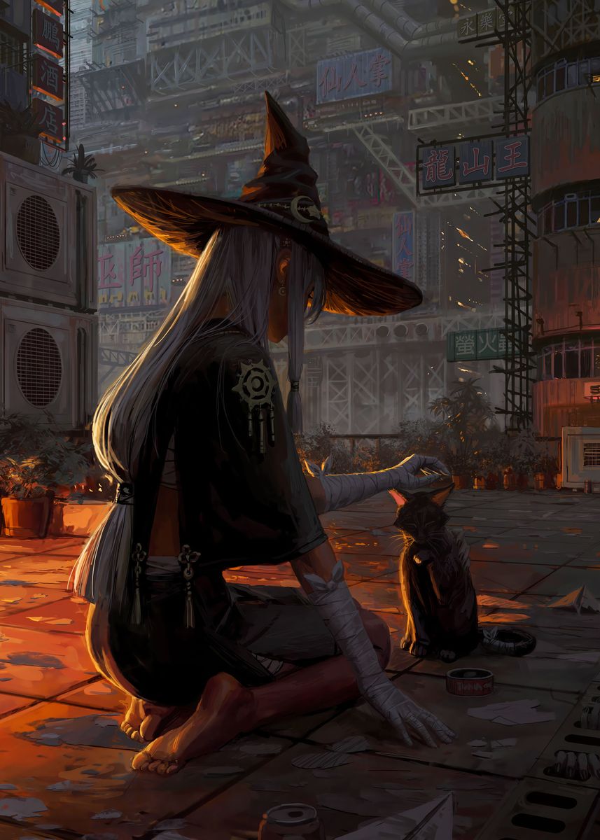 'Japan Witch Girl and A Cat' Poster by Lunaxys Artwork | Displate