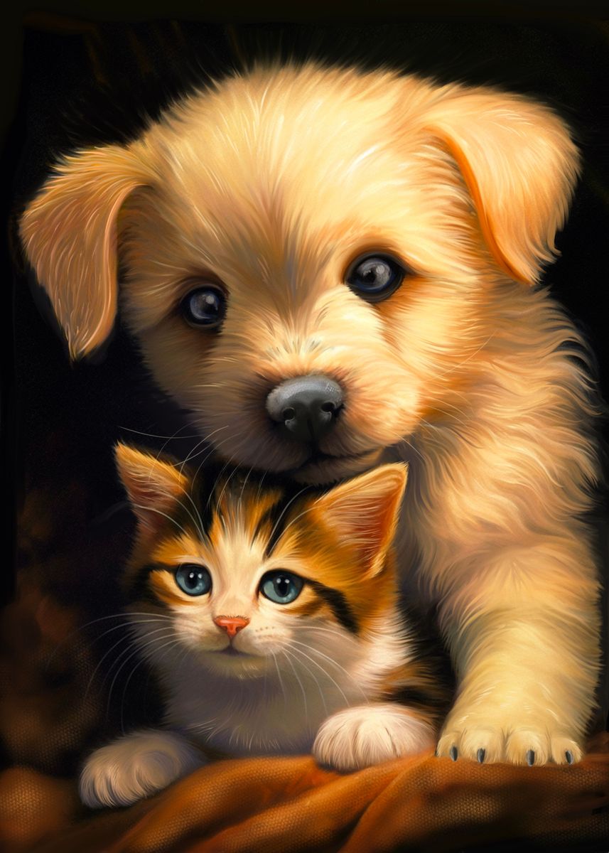 'Cute duo kitty and puppy' Poster, picture, metal print, paint by Sowas ...