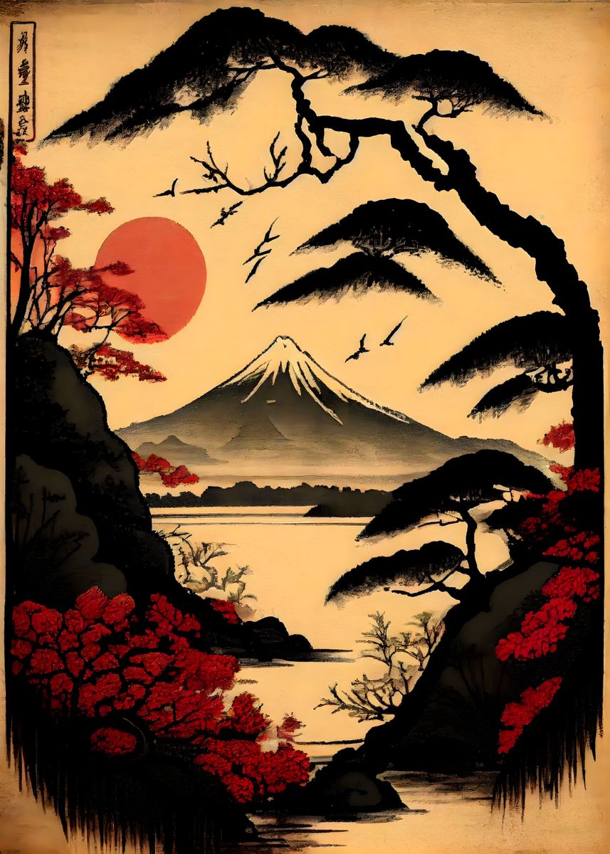 'Japan Vintage Red Moon' Poster, picture, metal print, paint by Zanoozi ...
