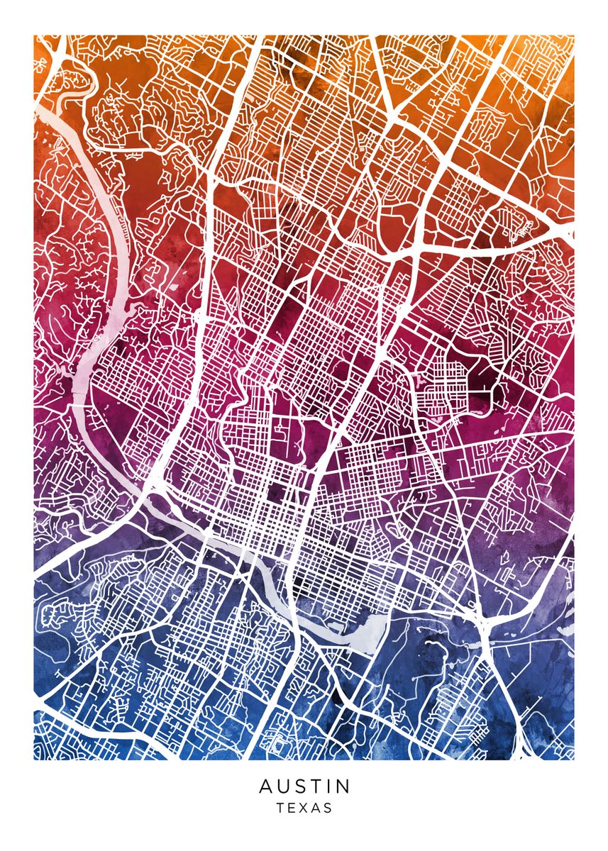 'Austin Texas Map' Poster, picture, metal print, paint by Michael ...