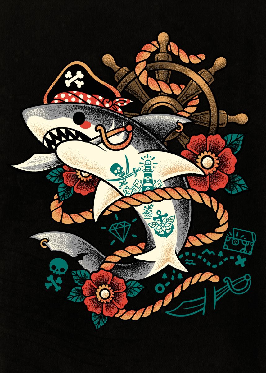 'Pirate shark tattoo' Poster, picture, metal print, paint by NemiMakeit ...