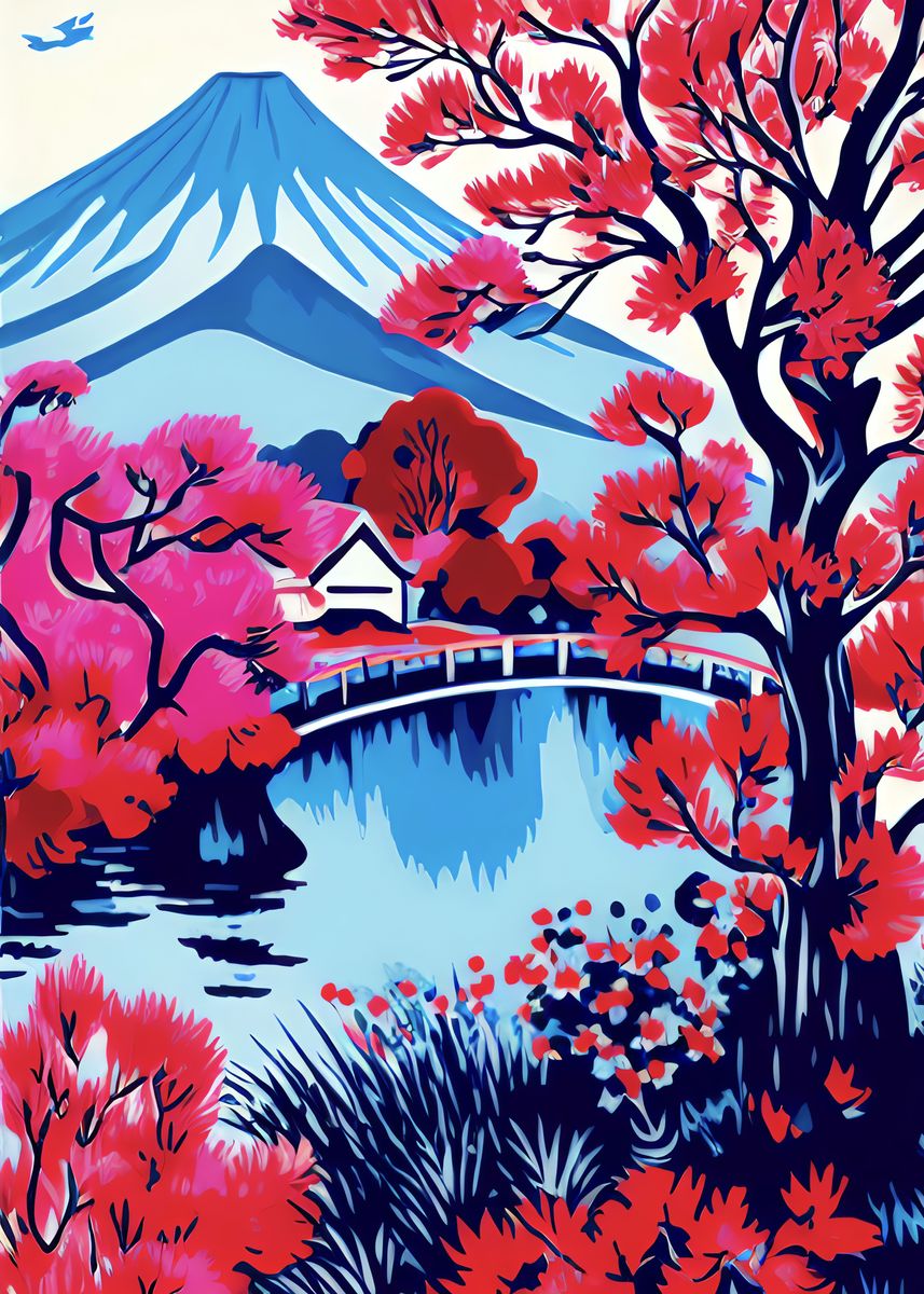 'Japanese Mountain Nature' Poster, picture, metal print, paint by BluePinkPanther | Displate