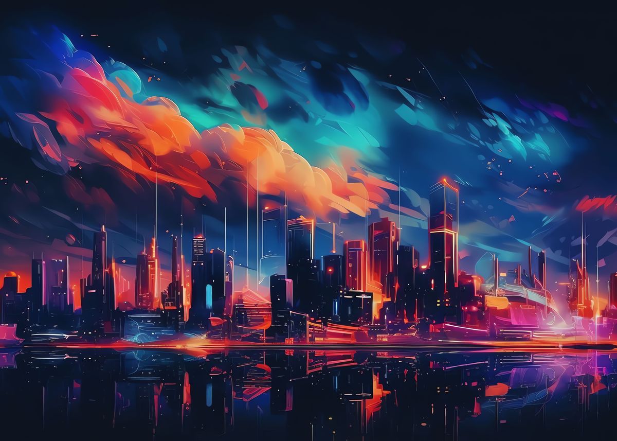 'Building Retro Neon Night' Poster by Examm Studios | Displate