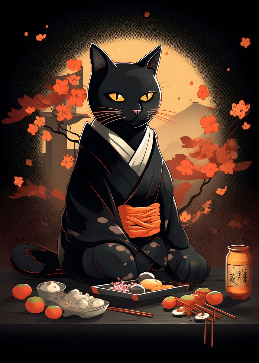 'Japan Cat With Kimono' Poster, picture, metal print, paint by Tracy ...
