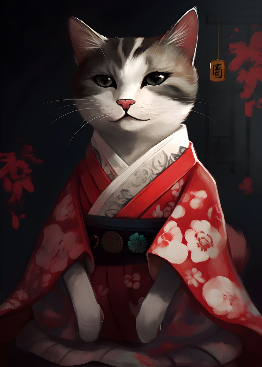 'Japan Cat With Kimono' Poster, picture, metal print, paint by Tracy ...
