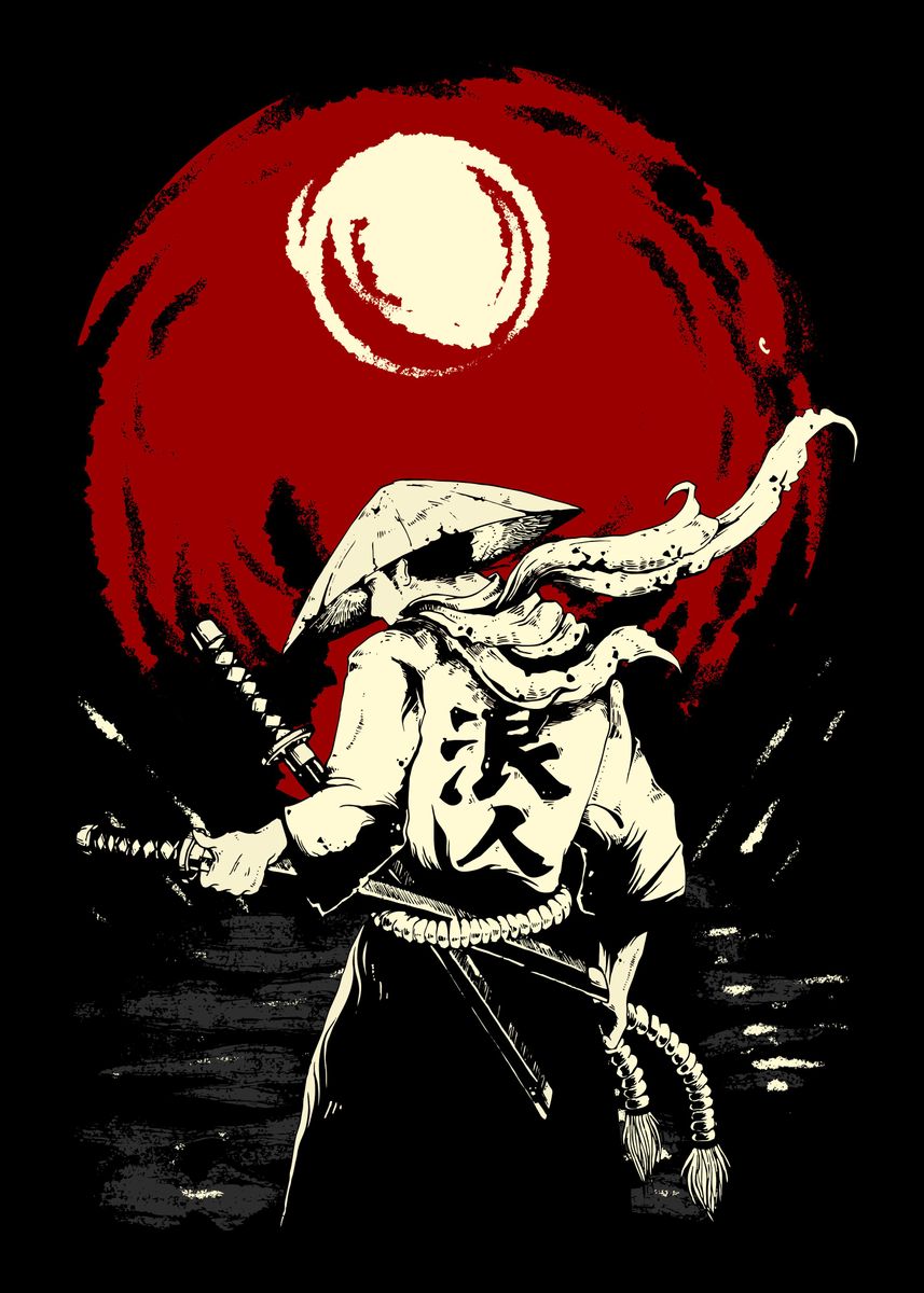 'Samurai under the red moon' Poster, picture, metal print, paint by ...