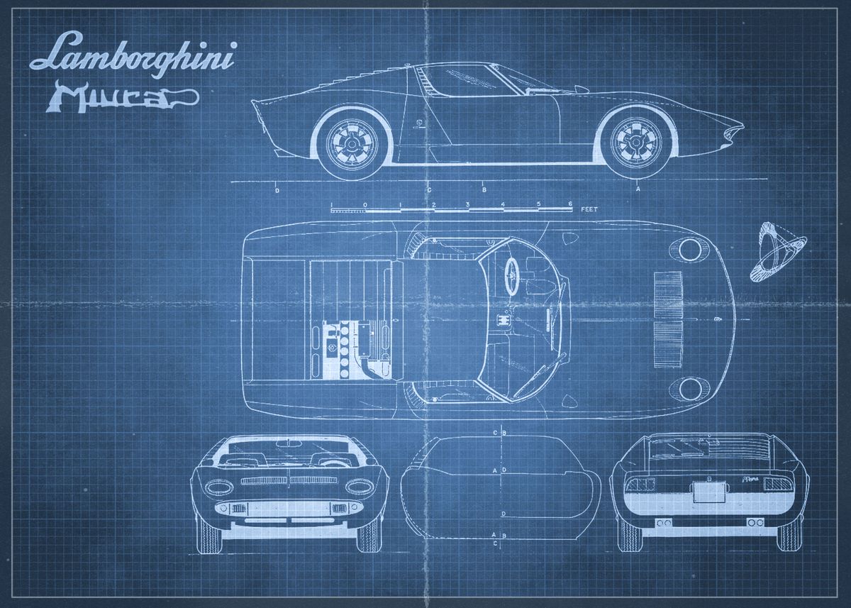 'Lambo Miura Blueprint' Poster by Rollz | Displate