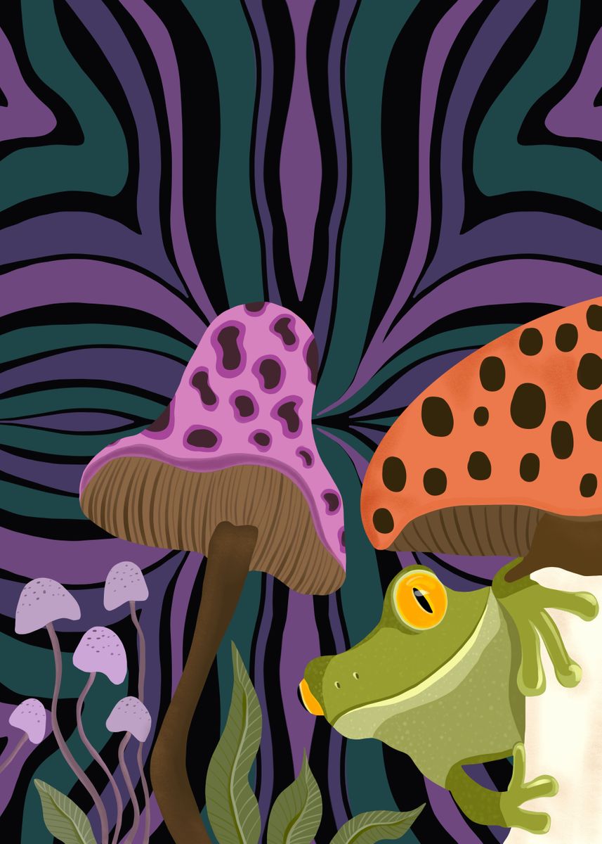 'Whimsical Frog and Shrooms' Poster, picture, metal print, paint by ...