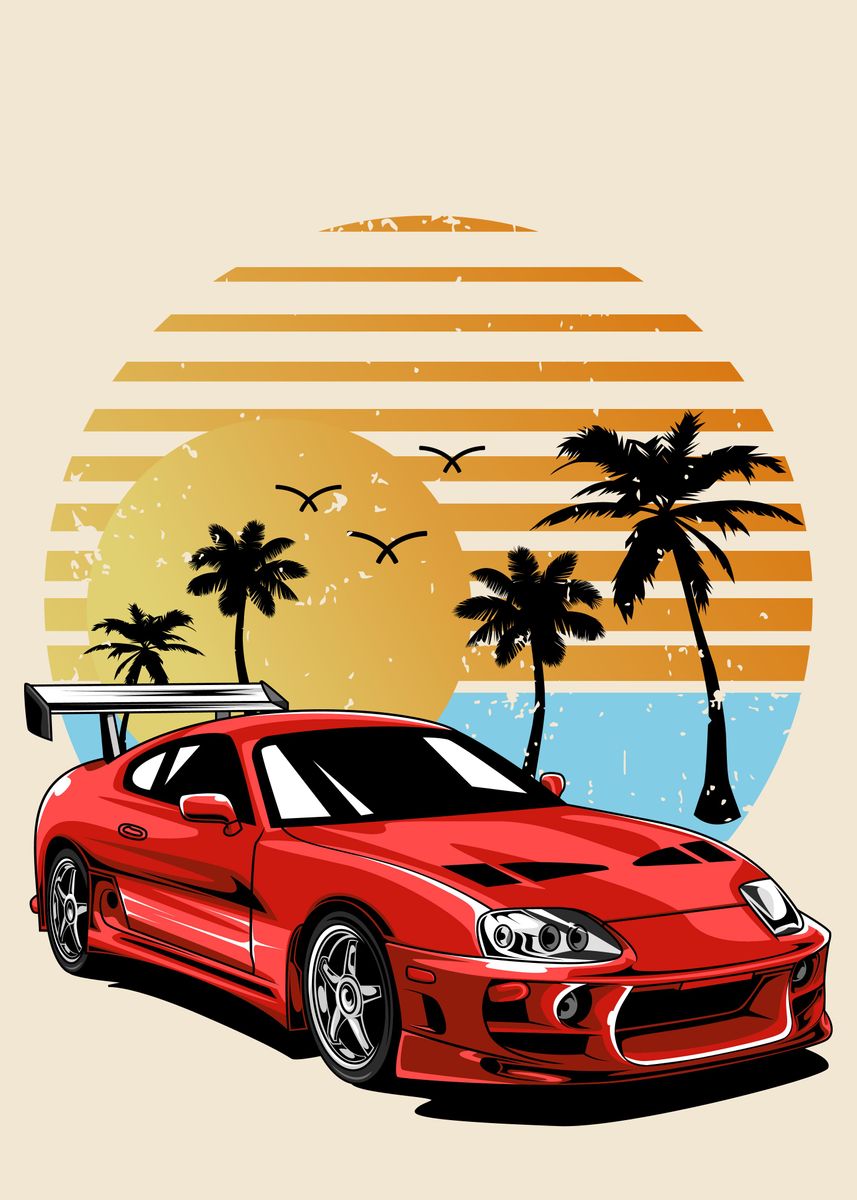 'Red Car Summer Vibes' Poster, picture, metal print, paint by PowerUp ...