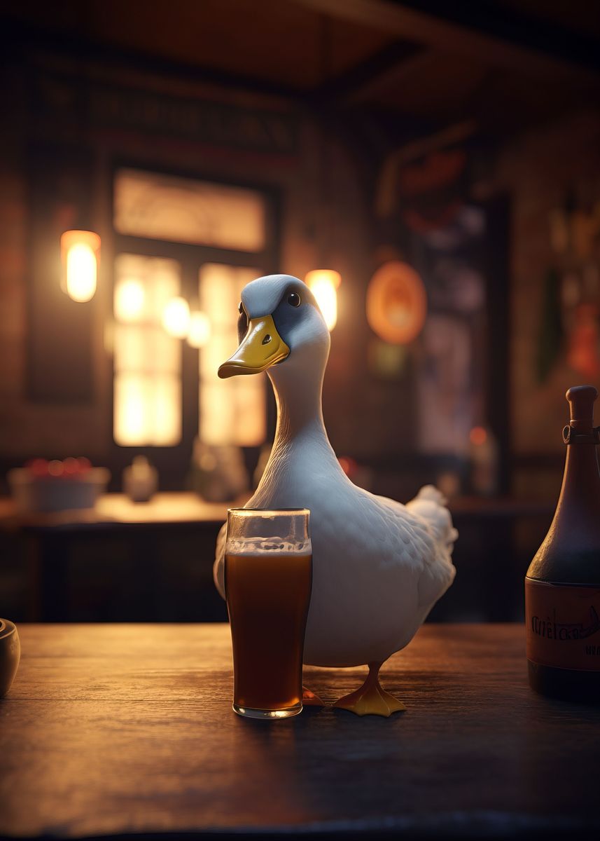 'Goose Drinking Beer at Bar' Poster, picture, metal print, paint by ...