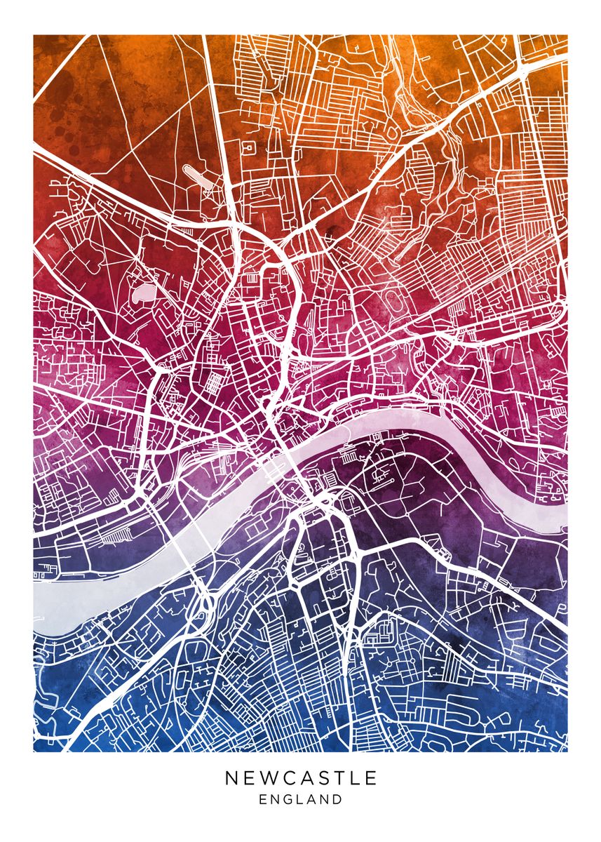 'Newcastle England Map' Poster, picture, metal print, paint by Michael ...