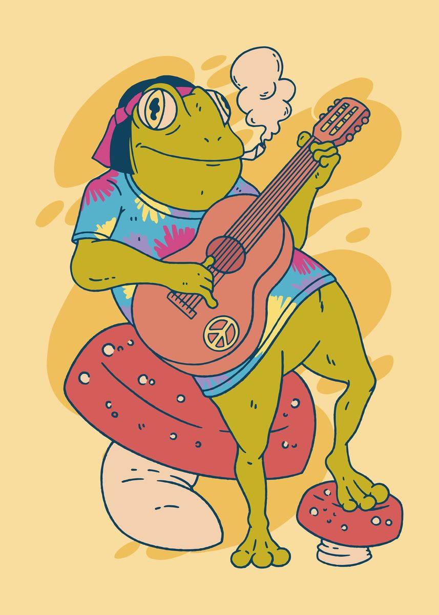 'Hippie Frog Playing Guitar' Poster, picture, metal print, paint by ...