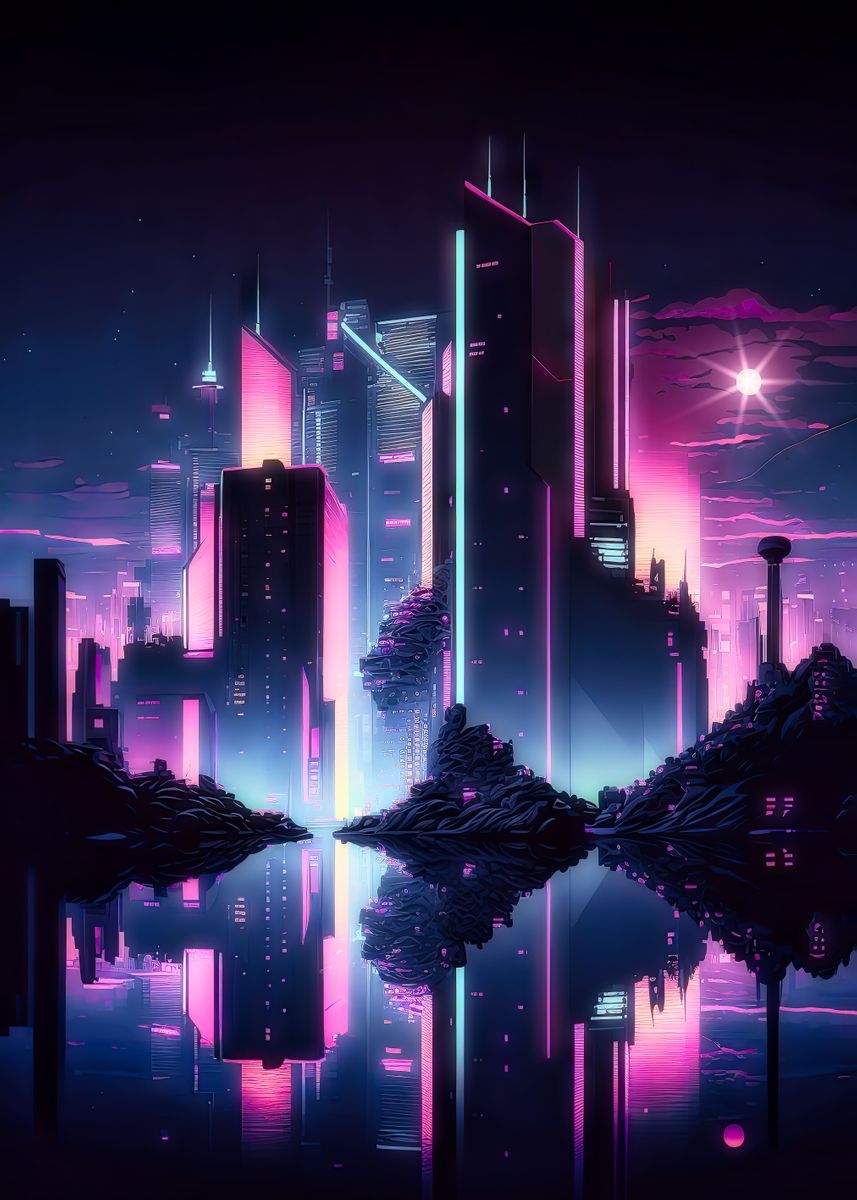 'Future Neon Cityscape 11' Poster, picture, metal print, paint by Michael Strevens | Displate