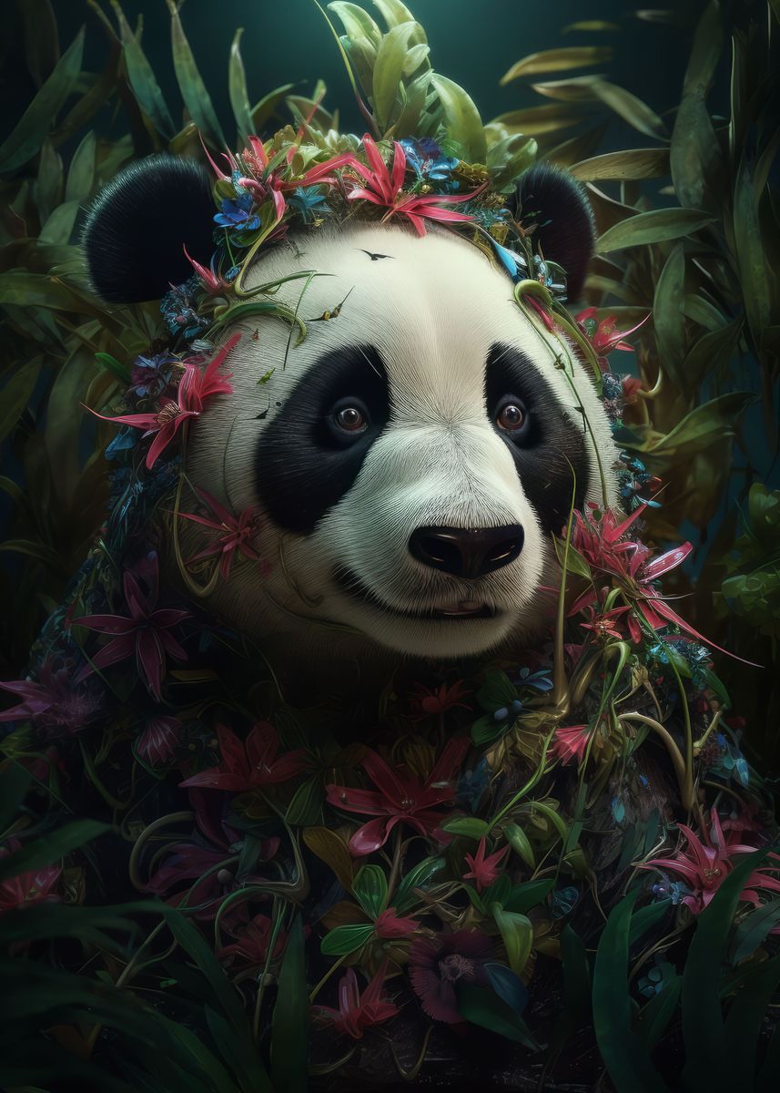 'Panda Flowers Plants Magic' Poster, picture, metal print, paint by ...