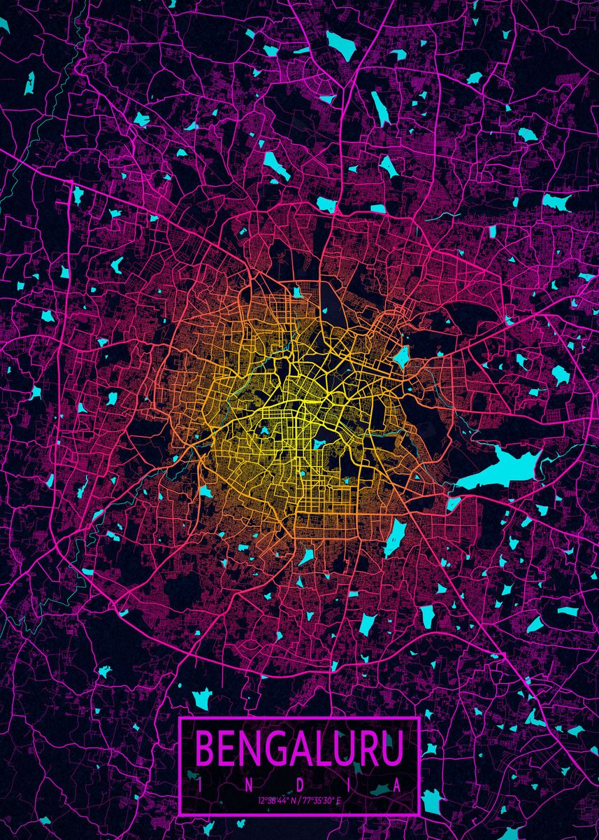 'Bengaluru City Map Neon' Poster, picture, metal print, paint by deMAP ...