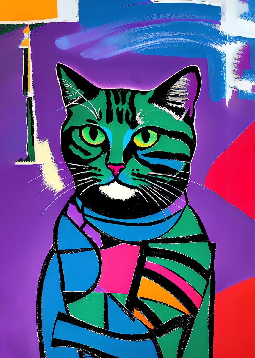 'Retro Cat Painting' Poster, picture, metal print, paint by BluePinkPanther | Displate