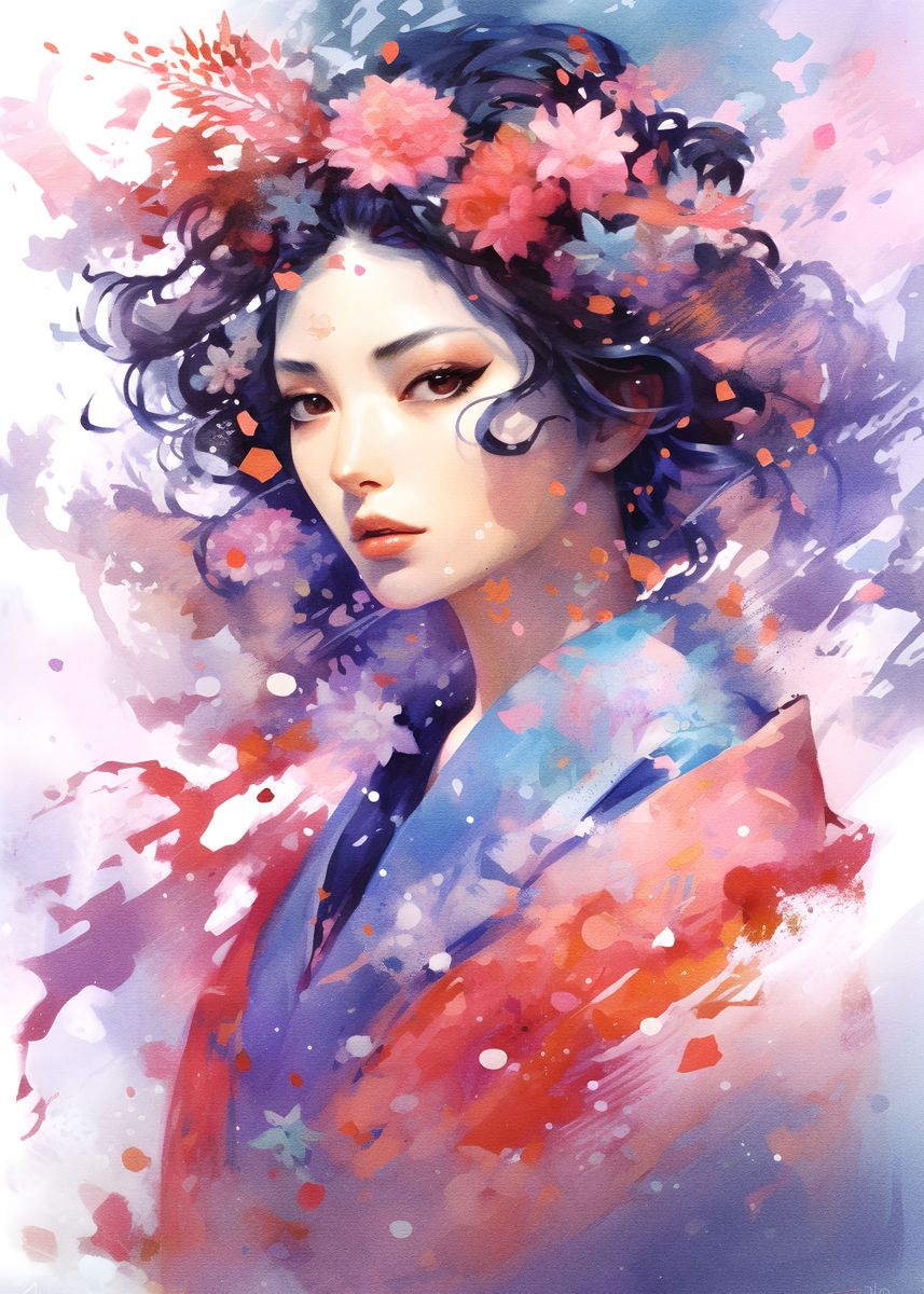 'Geisha flowers' Poster, picture, metal print, paint by Elz art | Displate