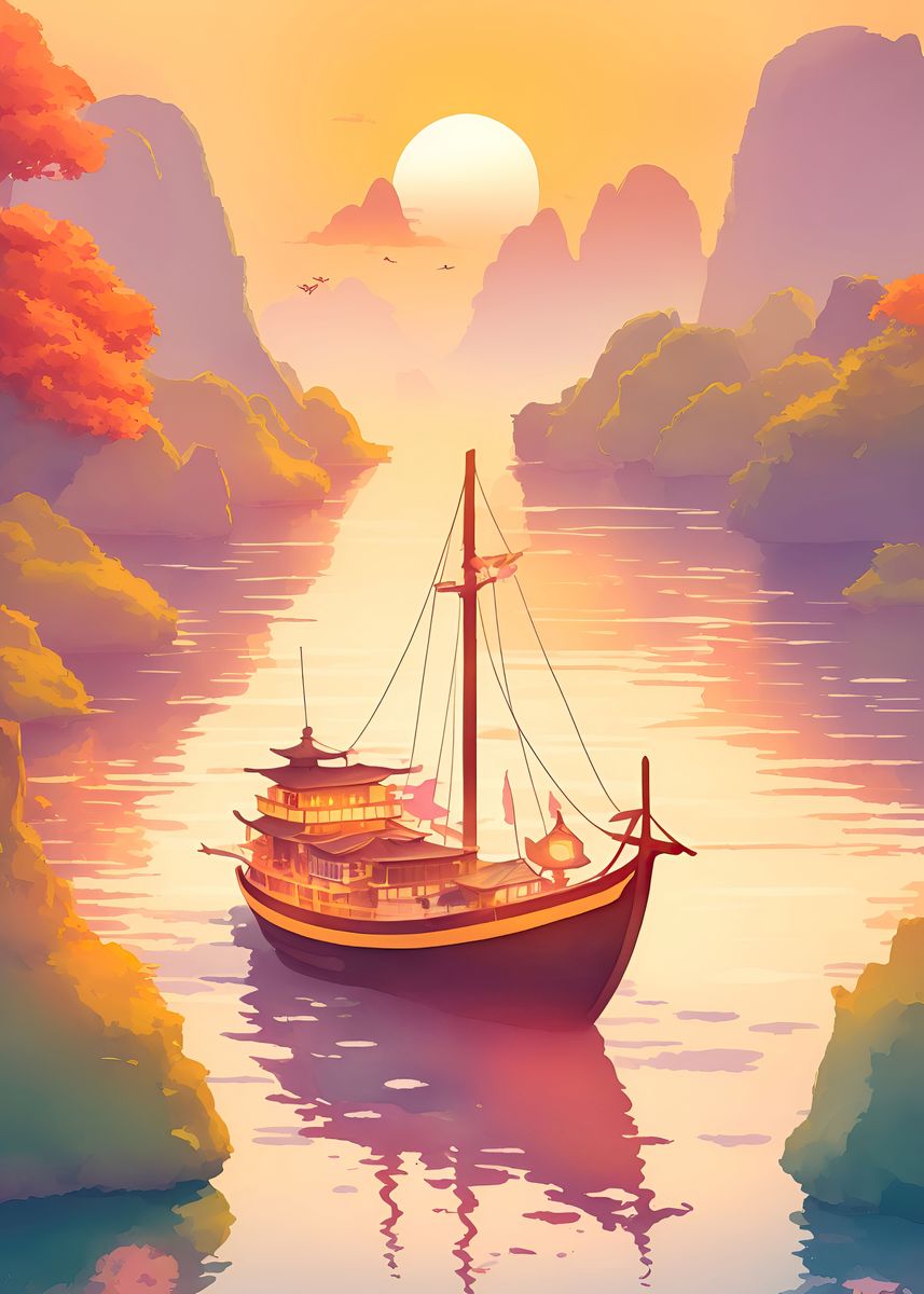'Asia Sunset Serenade' Poster, picture, metal print, paint by ...