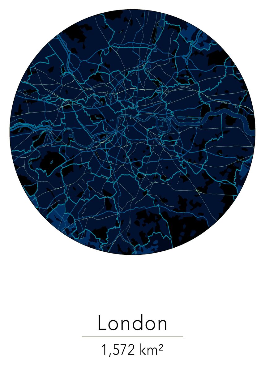 'London blue round map' Poster, picture, metal print, paint by Vardi ...