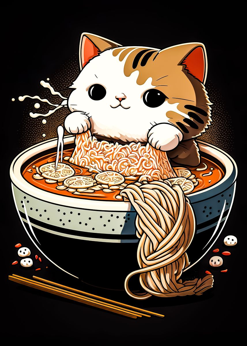 'cat ramen japan' Poster, picture, metal print, paint by NeoRowe | Displate
