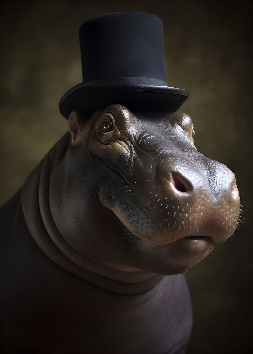 'Hippo with top Hat' Poster, picture, metal print, paint by Makadur ...