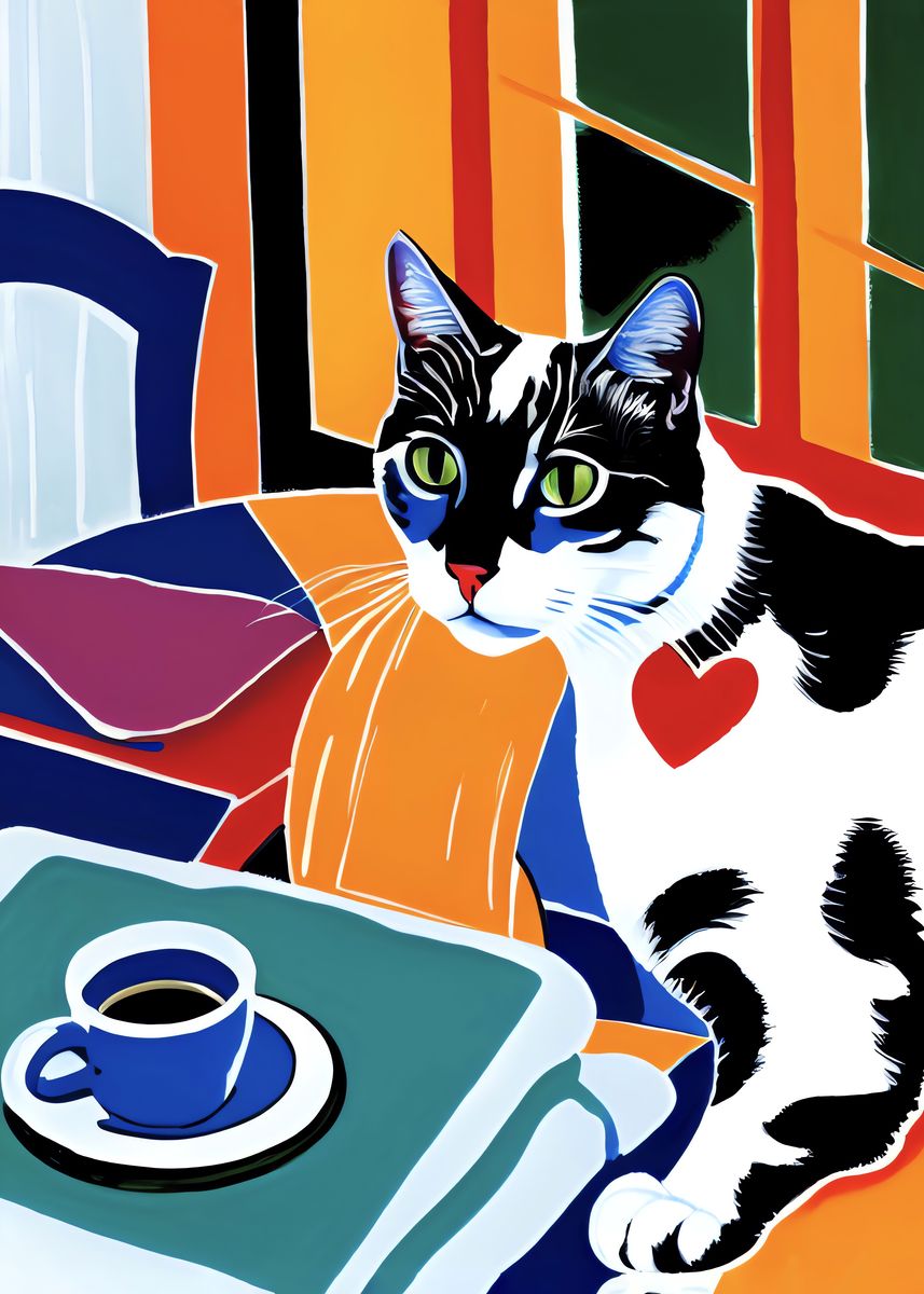 'Morning Cat and Coffee' Poster, picture, metal print, paint by ...