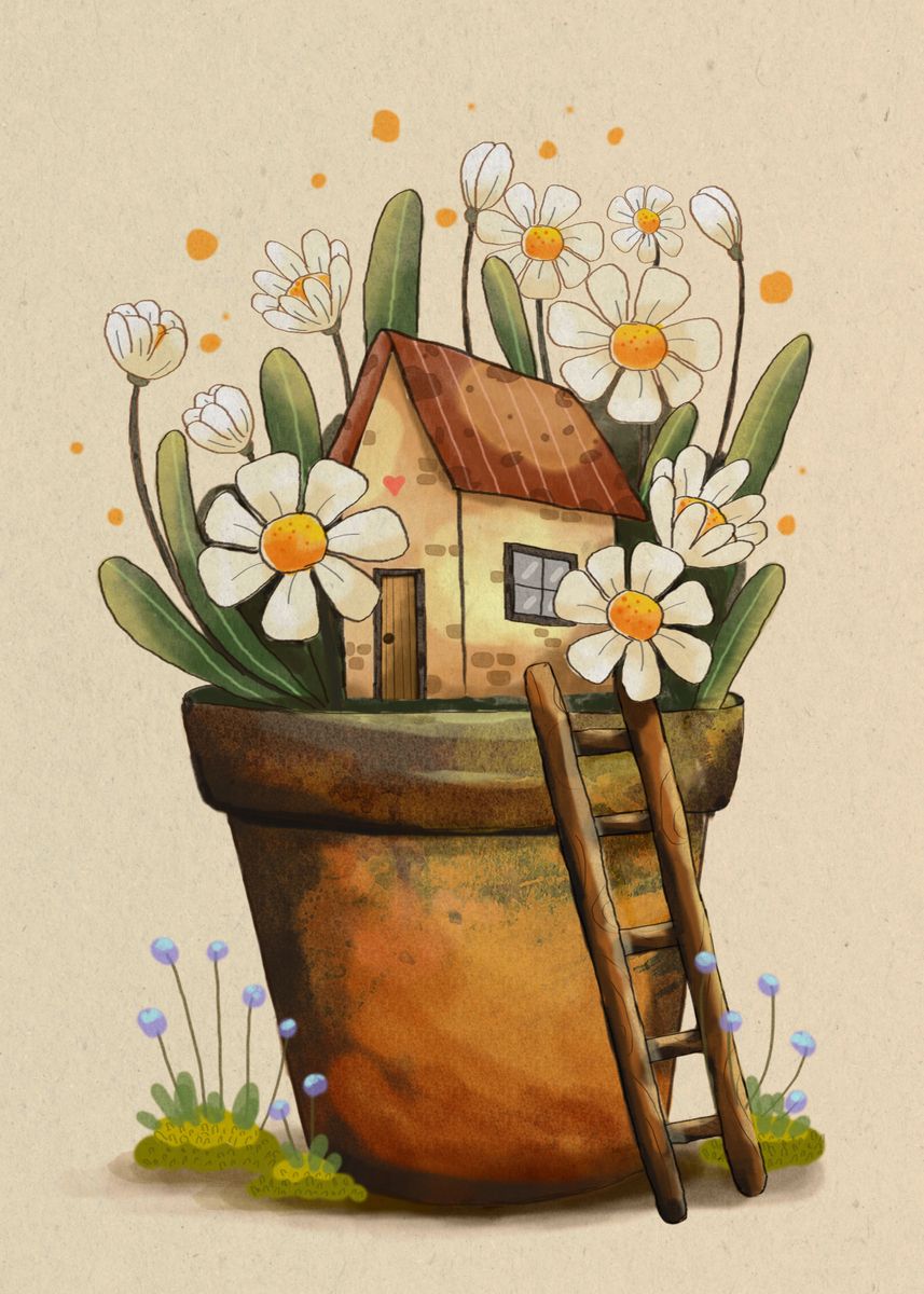 'Potted Tiny House Daisy' Poster by Celeste Armilla | Displate
