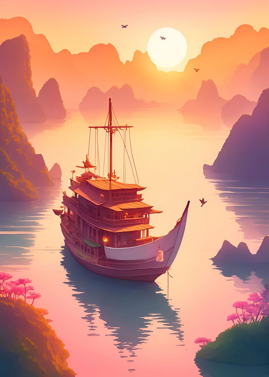 'Asian Sunset Serenade' Poster, picture, metal print, paint by jodotodesign | Displate