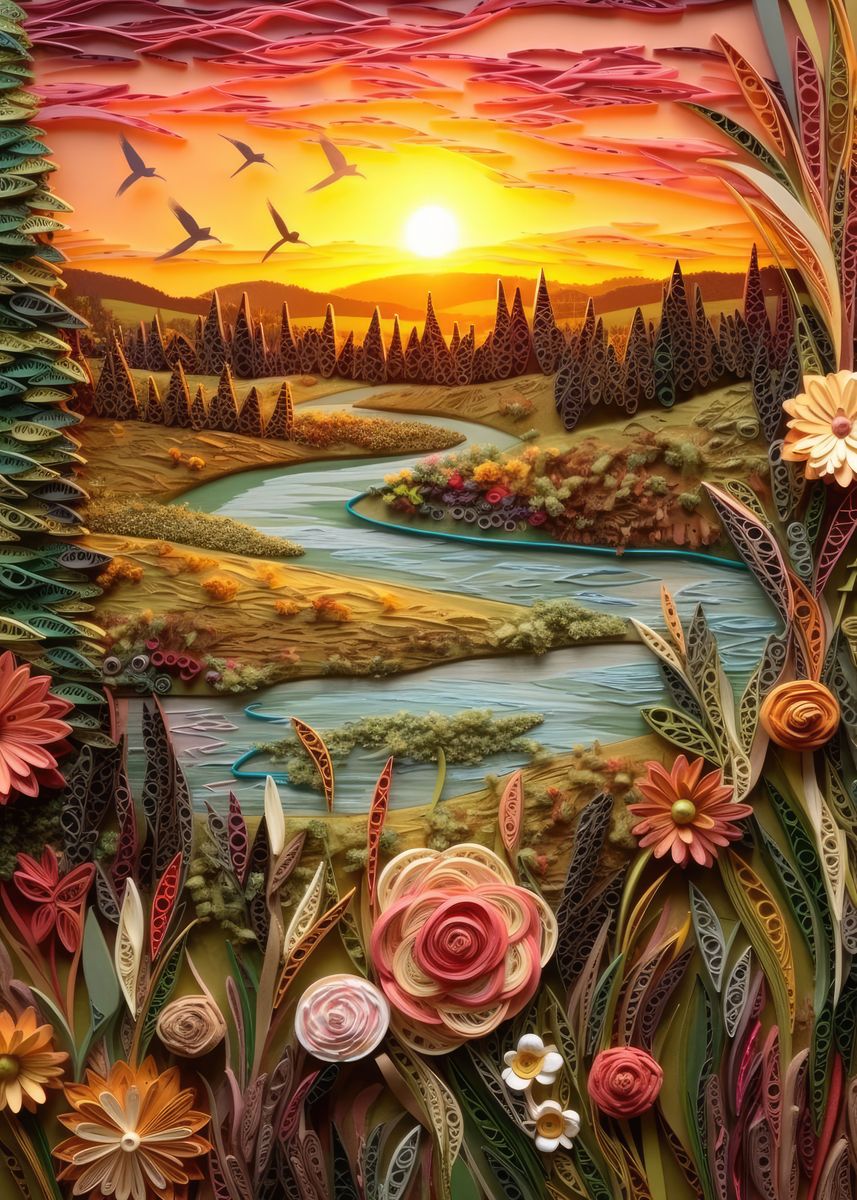 'Quilled River at Sunset' Poster, picture, metal print, paint by ...