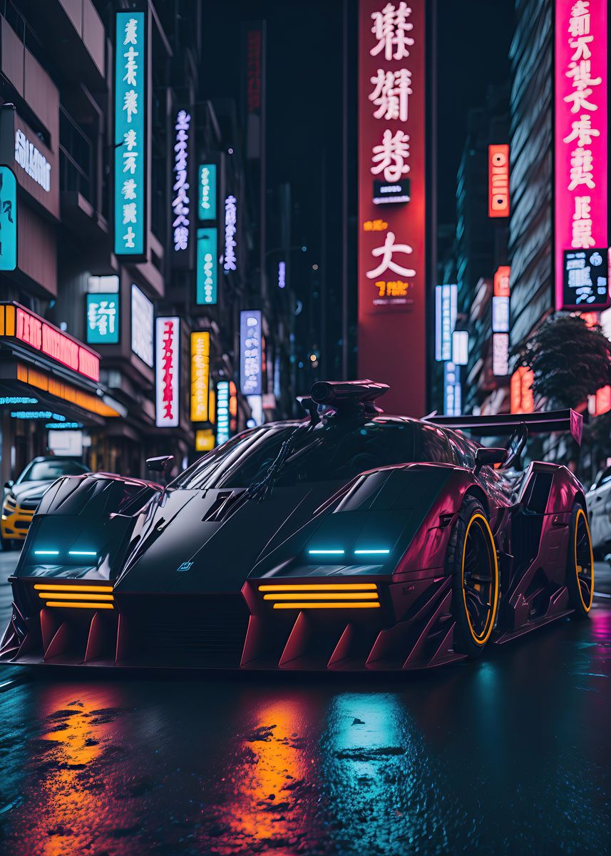'Dark Neon City Sports Car' Poster by jodotodesign | Displate