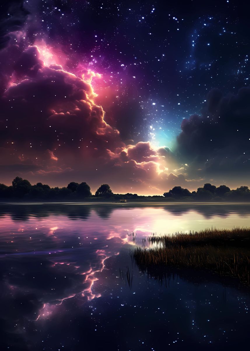 'Starry Night Reflection' Poster, picture, metal print, paint by AI and ME | Displate