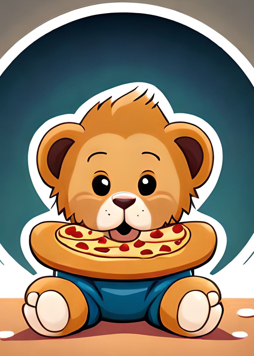'A Lion Cub Eating Pizza' Poster, picture, metal print, paint by Rozi ...