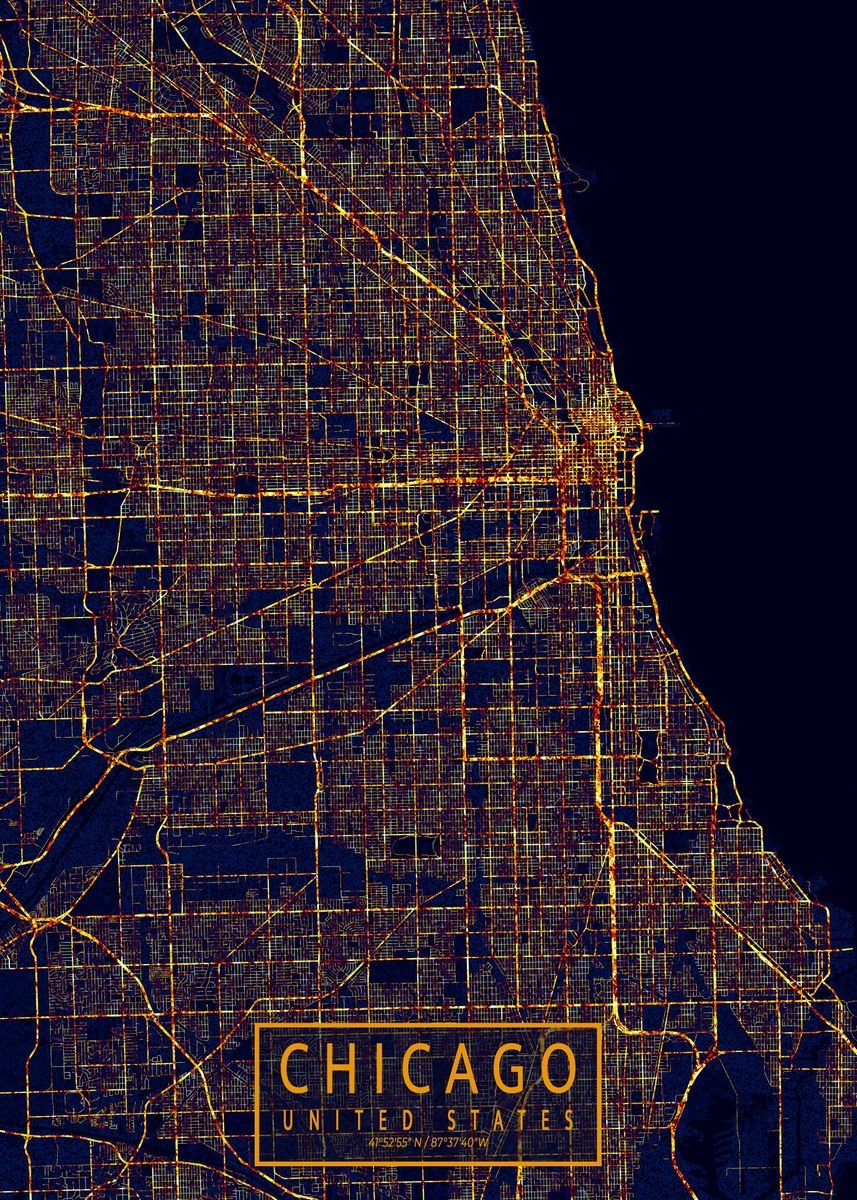 'Chicago Map City At Night' Poster, picture, metal print, paint by ...