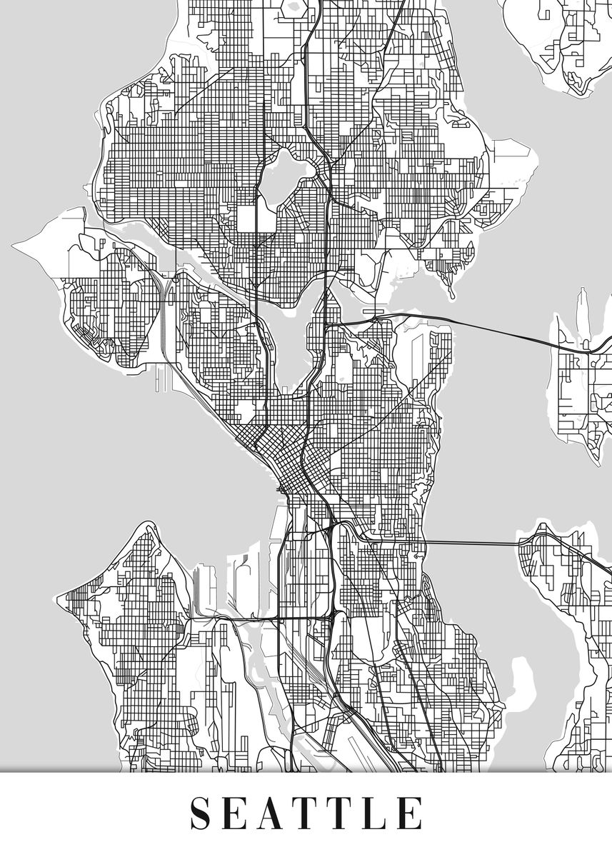 'Seattle White Map' Poster, picture, metal print, paint by dkDesign ...