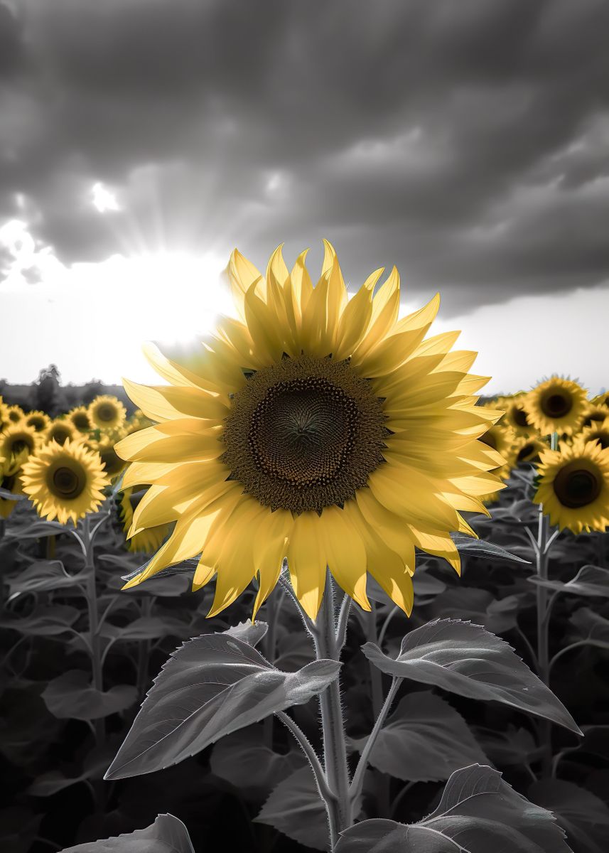 'Sunflower Field Greyscale' Poster, picture, metal print, paint by ...