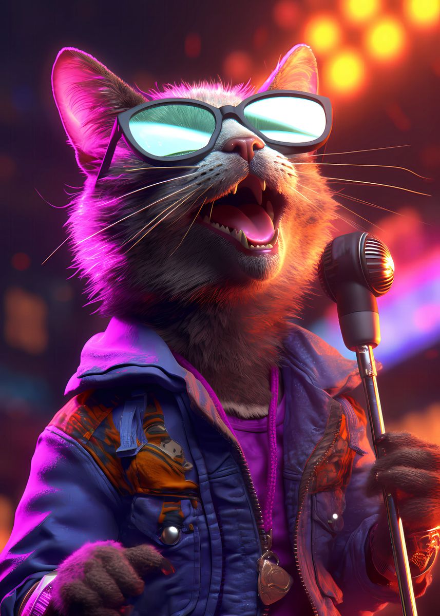 'The Cyberpunk Cat Singer' Poster, picture, metal print, paint by ...