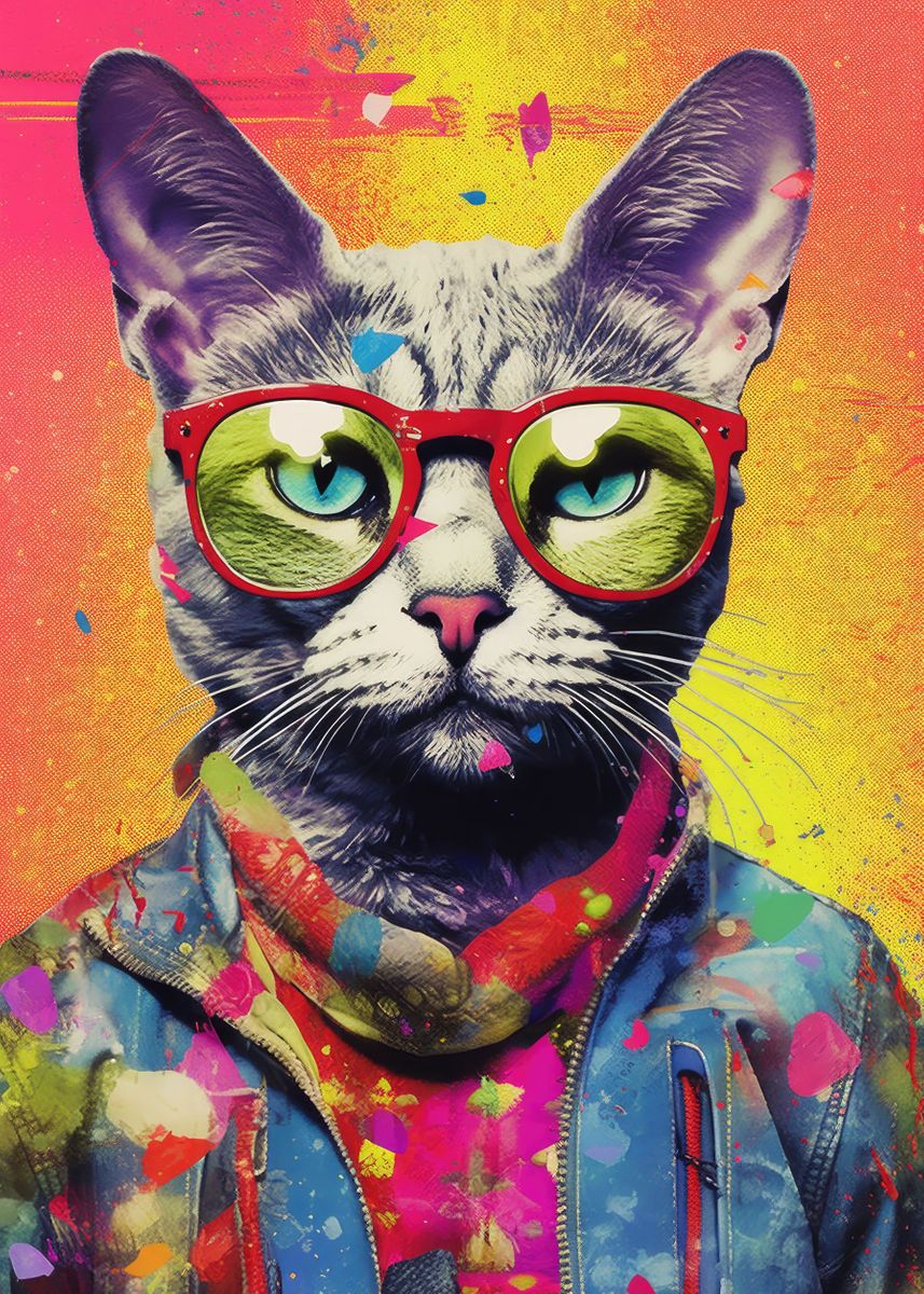 'Nerd Hipster Cat Portrait' Poster, picture, metal print, paint by ...