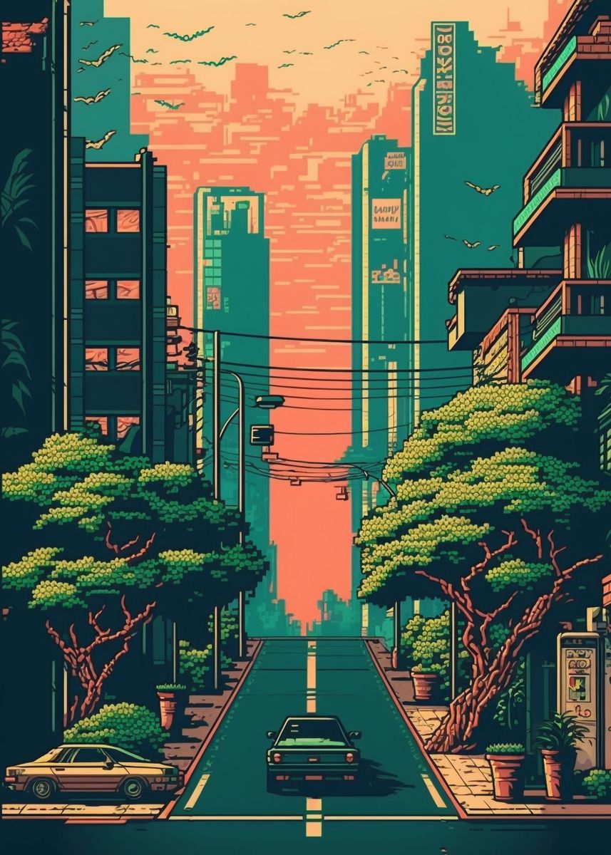 'Pixel City' Poster, picture, metal print, paint by Abu Abu | Displate