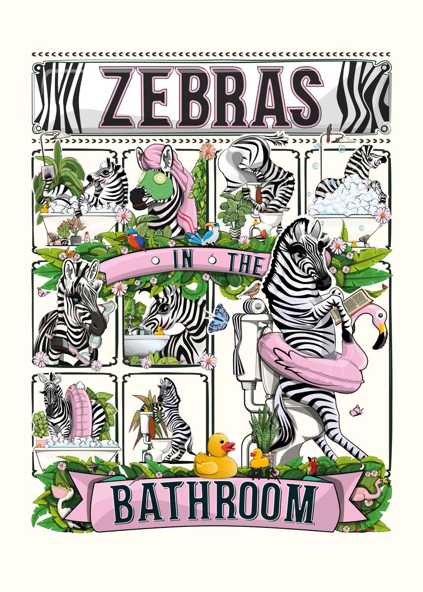 'Zebras in the Bathroom' Poster, picture, metal print, paint by ...