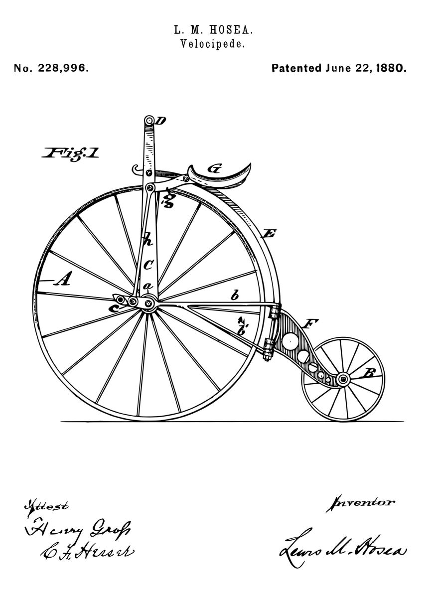 'Velocipede patent 1880' Poster, picture, metal print, paint by ...