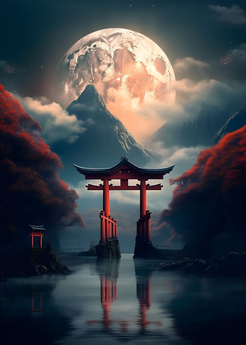 'Japanese Torii Gate Moon' Poster, picture, metal print, paint by ...