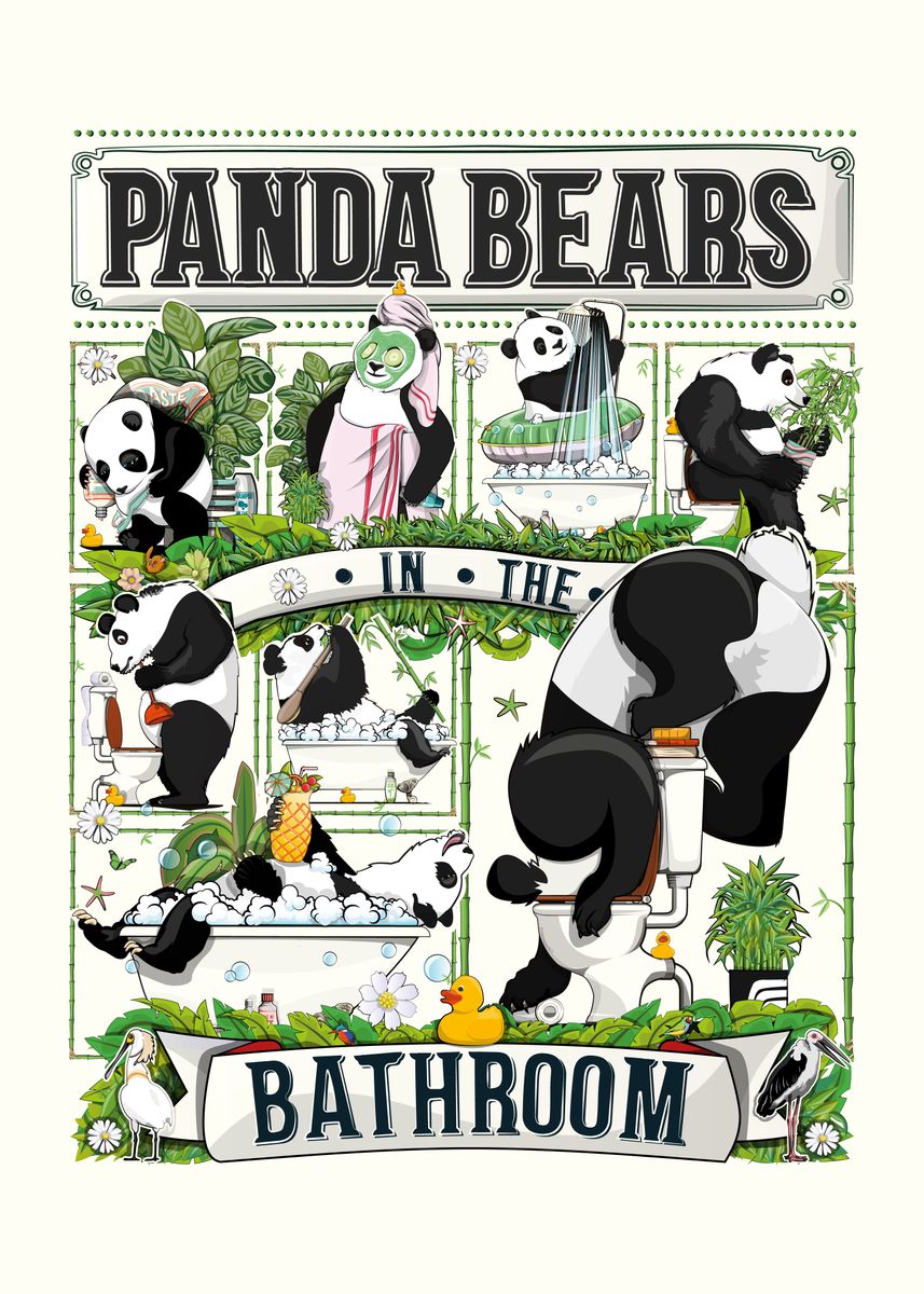 'Panda Bears using Bathroom' Poster, picture, metal print, paint by ...