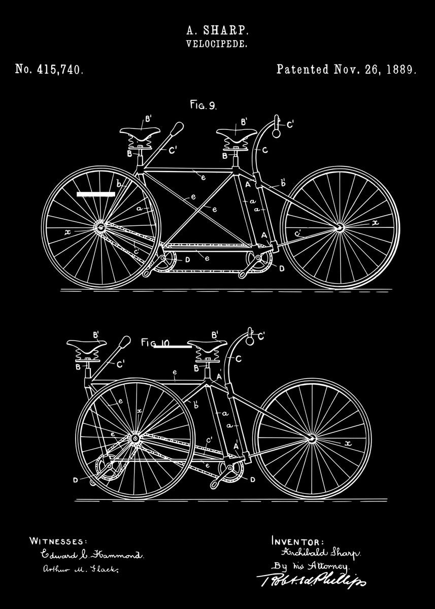 'Velocipede patent 1889' Poster, picture, metal print, paint by ...