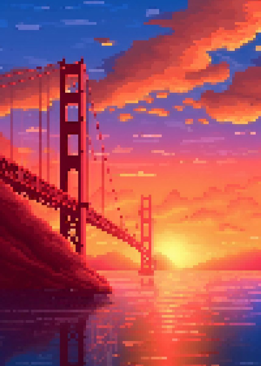 'Golden Bridge pixel art' Poster, picture, metal print, paint by ...