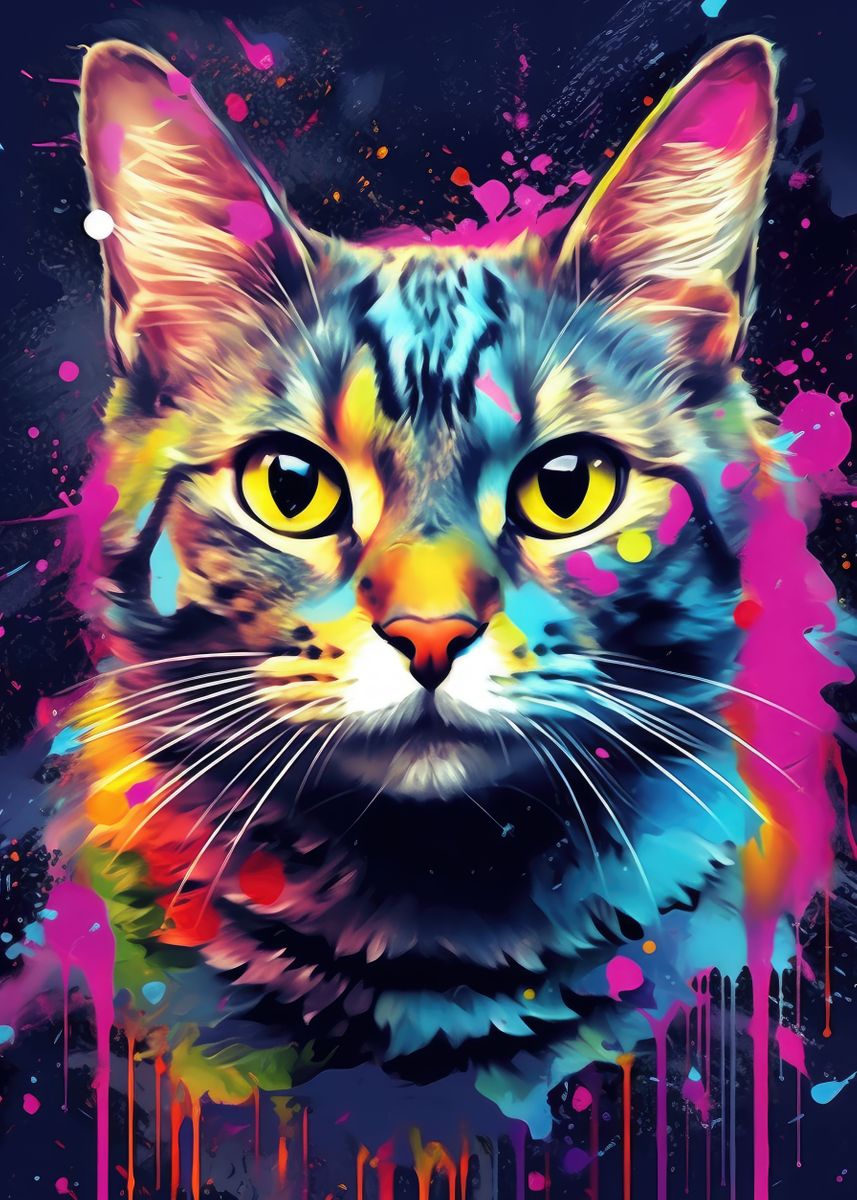 'Paint Drip Cat Portrait' Poster, picture, metal print, paint by Jensen ...