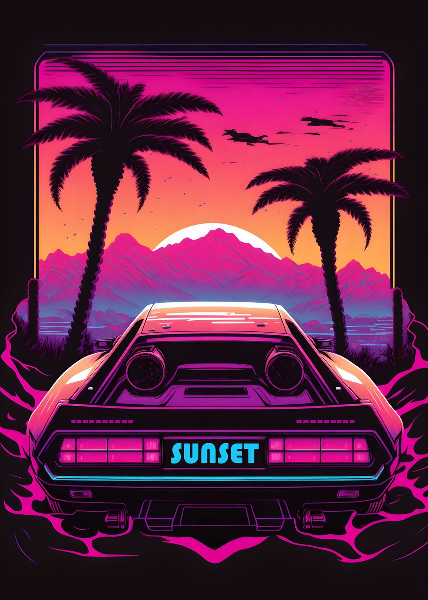 'Retro Car by Sunset' Poster, picture, metal print, paint by Max Ronn ...